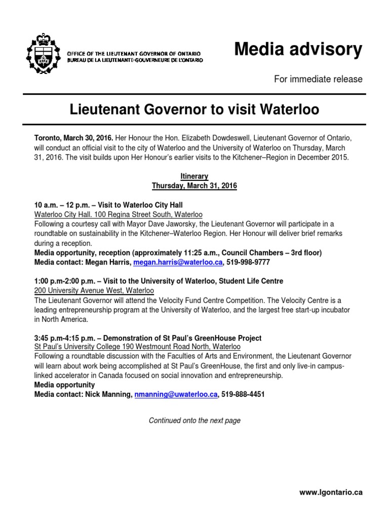 Lieutenant Governor To Visit Waterloo | PDF