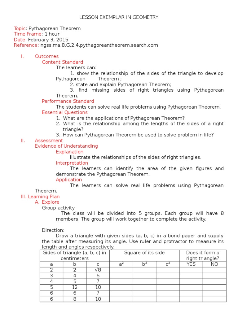 Lesson Exemplar Pythagorean Theorem | PDF | Elementary Mathematics ...