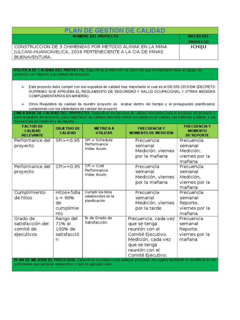 Plan de Gestion de Calidad | Gestión de la calidad | Calidad (comercial) | Prueba gratuita de 30 ...