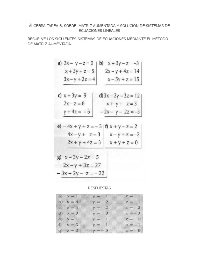 Tarea 8 Sobre Matriz Aumentada y Solución de Sist Ecua Lienales | PDF