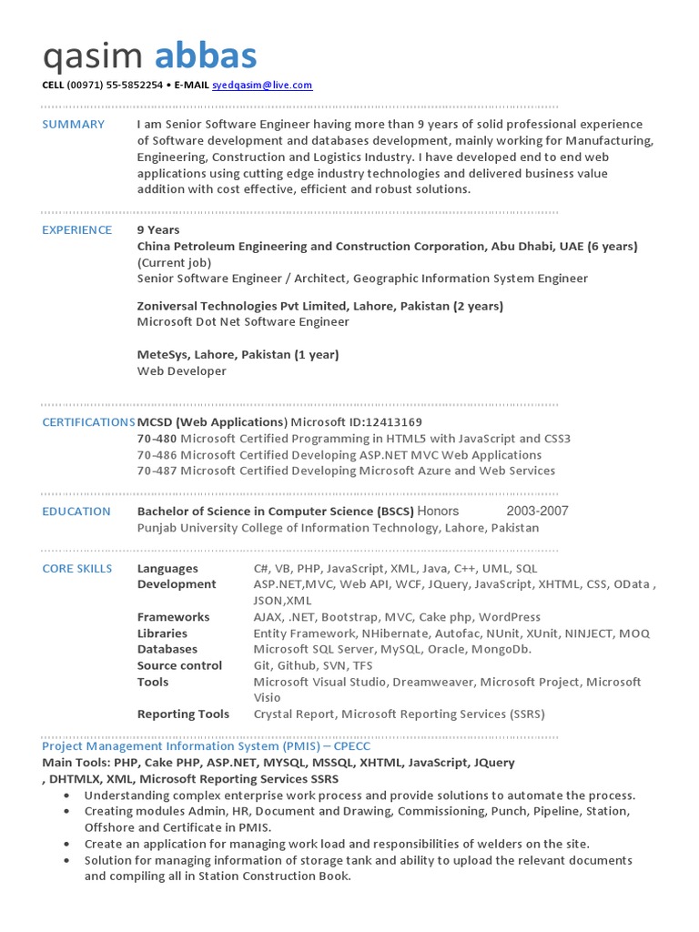 Syed Qasim Software Engineer CV | PDF | J Query | Share Point