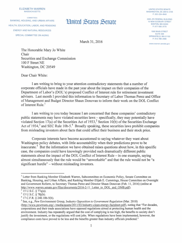 Elizabeth Warren Letter To SEC | PDF | Securities Regulation In The ...