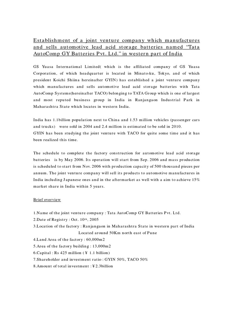 Tata Yuasa | PDF | Motor Vehicle | Automotive Industry