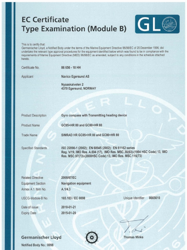 Certificate MED-B GC80 HR80 GC85 HR80 Gyro Compass With Transmitting ...