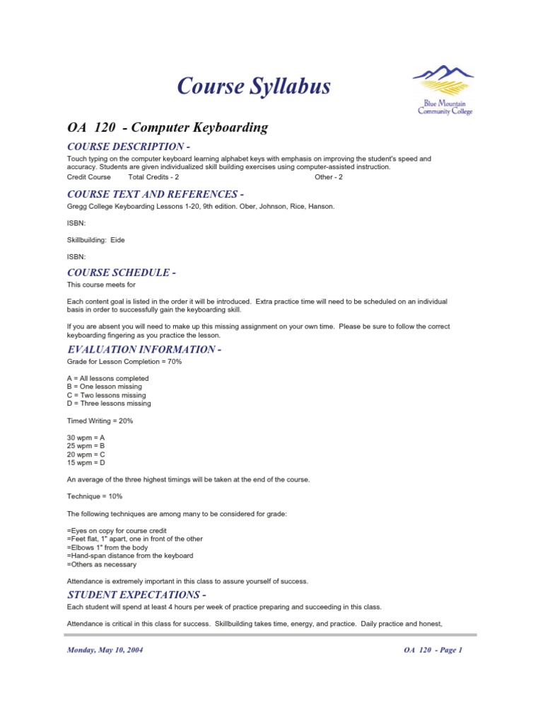 Computer Keyboarding Course Syllabus | PDF | Behavior Modification | Text