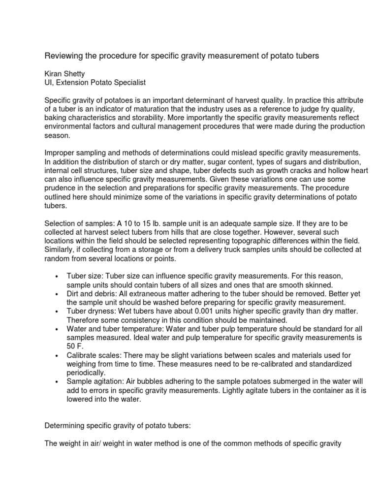 Specific Gravity | PDF | Weight | Potato