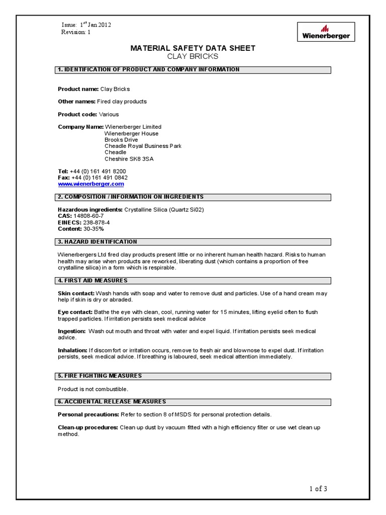 Clay Bricks Material Safety Data Sheet | PDF | Chemistry | Safety