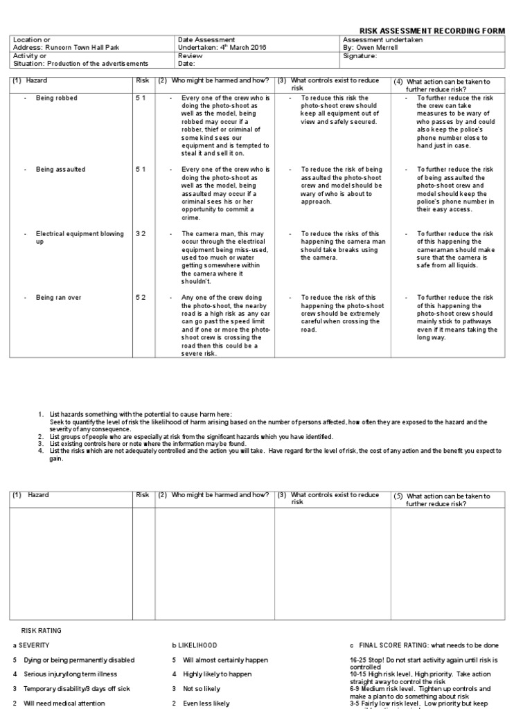 Risk Assessment For Runcorn Town Hall Park | PDF | Hazards | Risk
