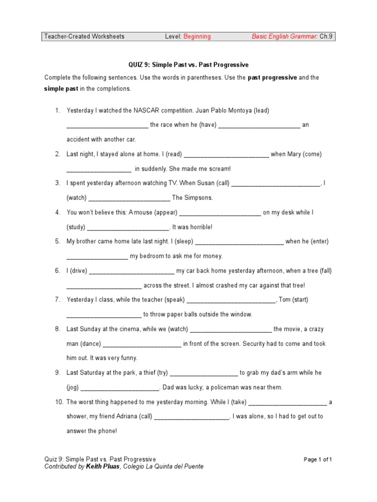 Simple Past vs. Past Progressive Quiz | PDF