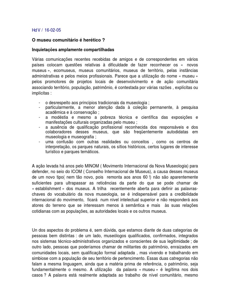 O Museu Comunitário É Herético - Hugues de Varine | PDF | Museu | Science