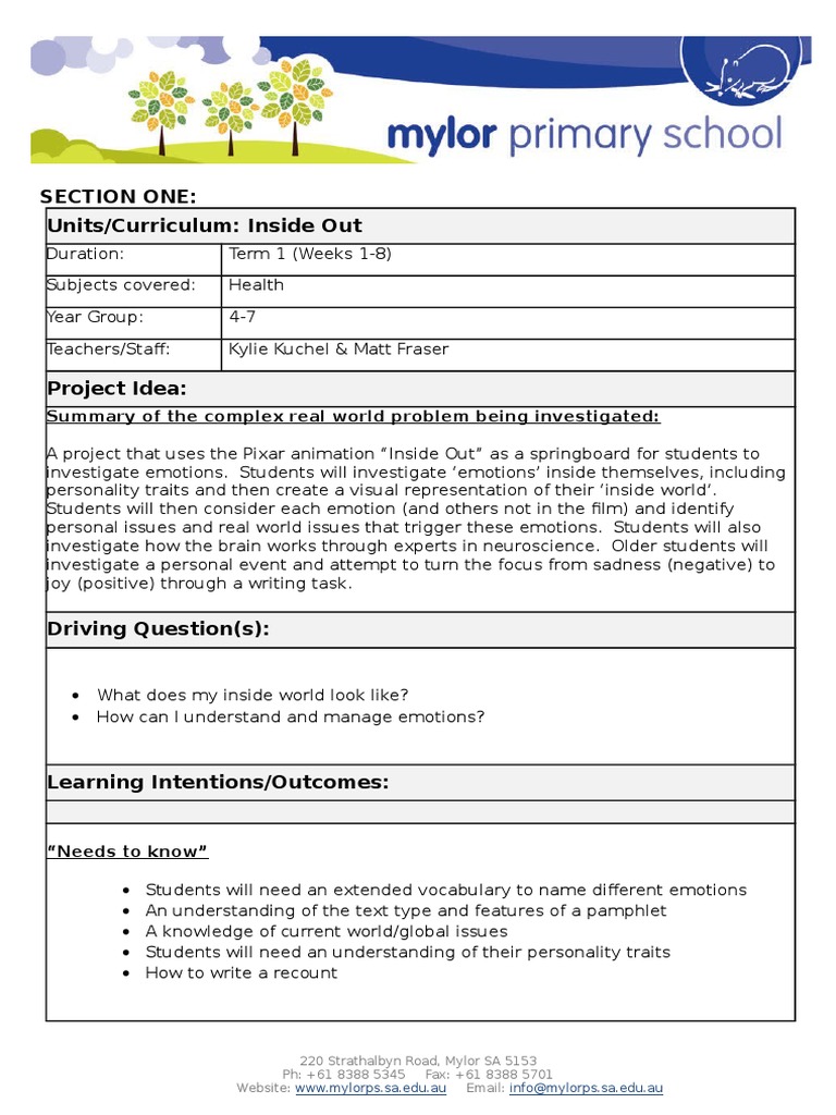 PBL Inside Out Plan | PDF | Emotions | Well Being