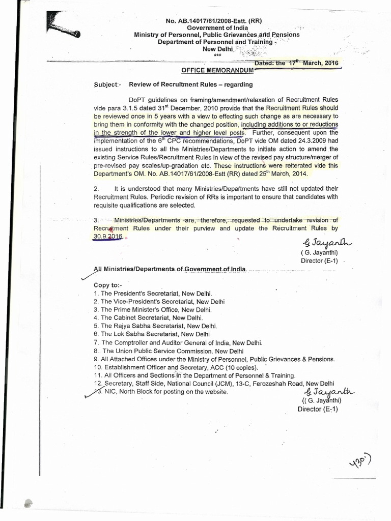 Dopt Guidelines On Recruitment Rules | PDF