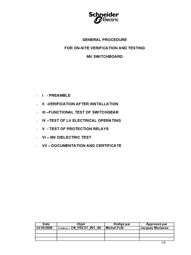General Procedure For On-Site Verification and Testing MV Switchboard ...