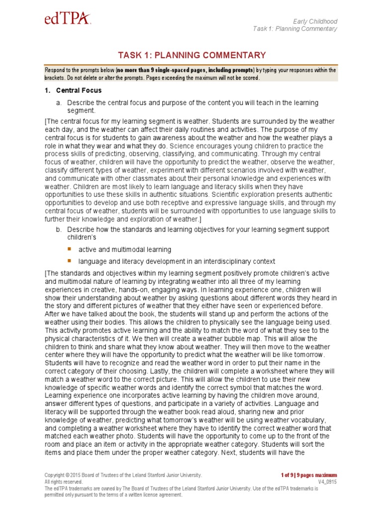 Task 1 Part e - Planning Commentary | PDF | Vocabulary | Emotions