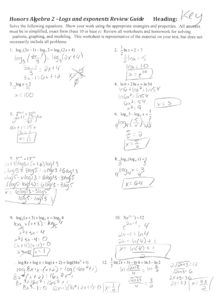 Honors Algebra 2-Logs and Exponents Review Guide KEY | PDF ...