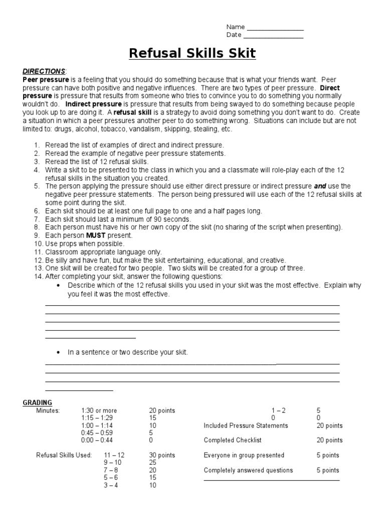 Peer Pressure Refusal Skills Skit | PDF
