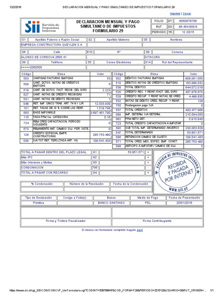 Declaracion Mensual y Pago Simultaneo de Impuestos Formulario 29 | PDF