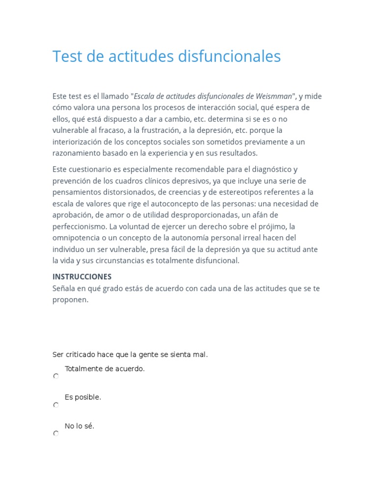 Test de Actitudes Disfuncionales | PDF | Depresión (estado de ánimo ...