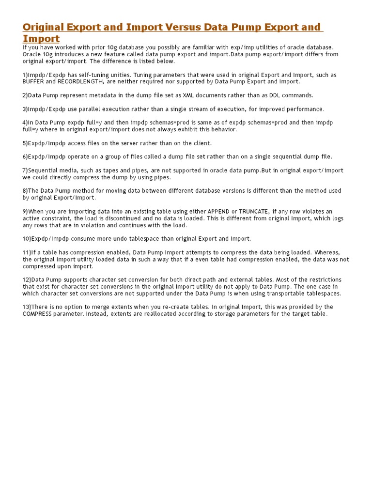 Original Export and Import Versus Data Pump Export and Import | PDF ...