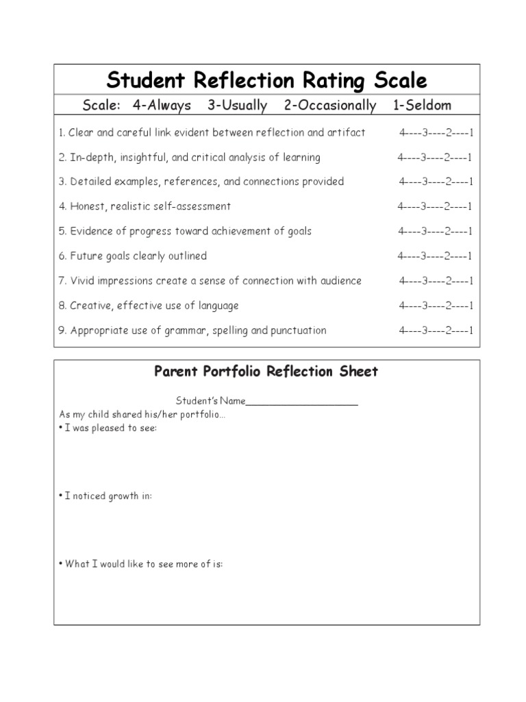 Student Reflection Rating Scale: Scale: 4-Always 3-Usually 2 ...