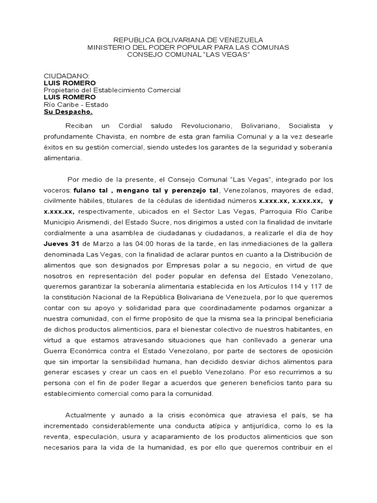 Oficio Del Consejo Comunal Las Vegas | Descargar gratis PDF | Venezuela | Hugo Chavez