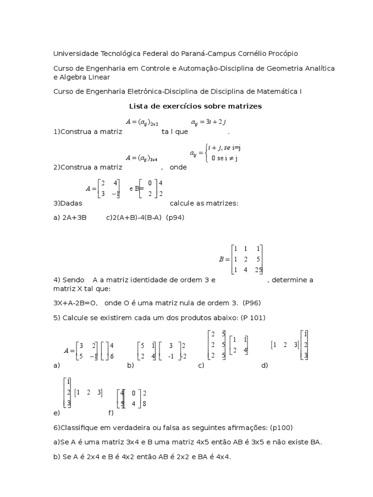 Lista de Exercícios Sobre Matrizes | PDF