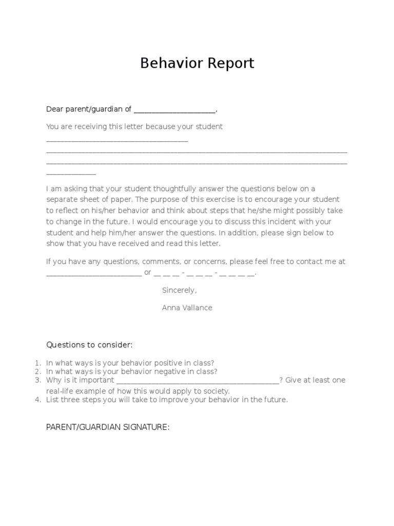 Student Behavior Reflection Form | PDF