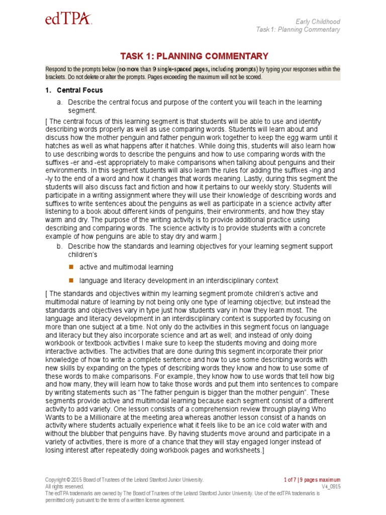 Edtpa Early Childhood Planningcommentary Individualized Education 