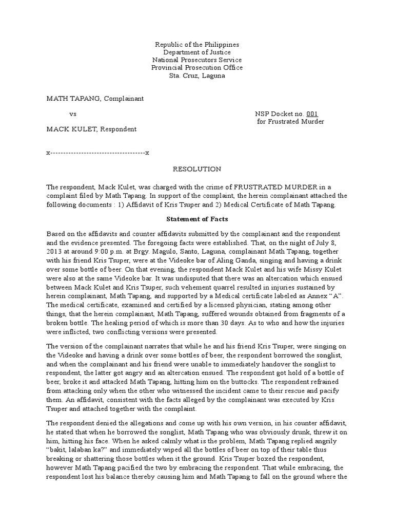 Sample Resolution On Frustrated Murder | PDF | Murder | Deviance ...