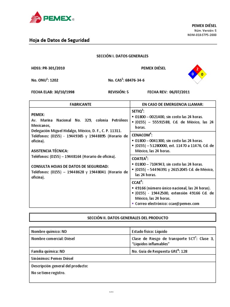 Ficha Técnica Diésel Pemex | PDF