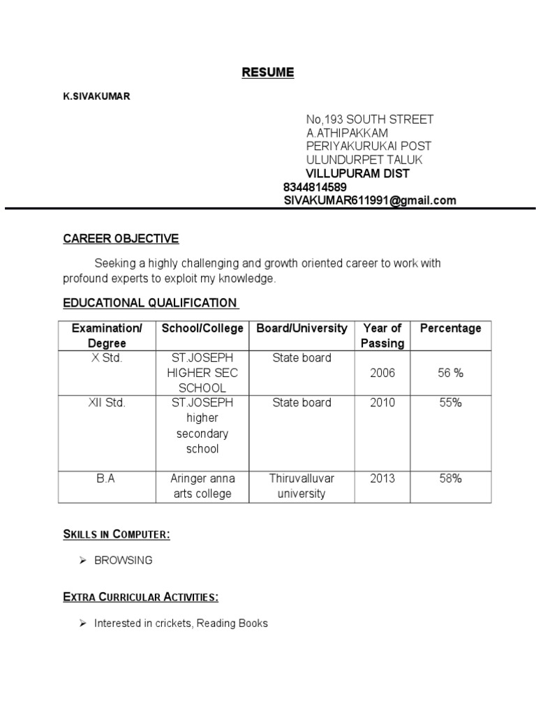 K. Sivakumar Resume: BA Graduate Seeking Career Growth | PDF | Sports & Recreation | Travel
