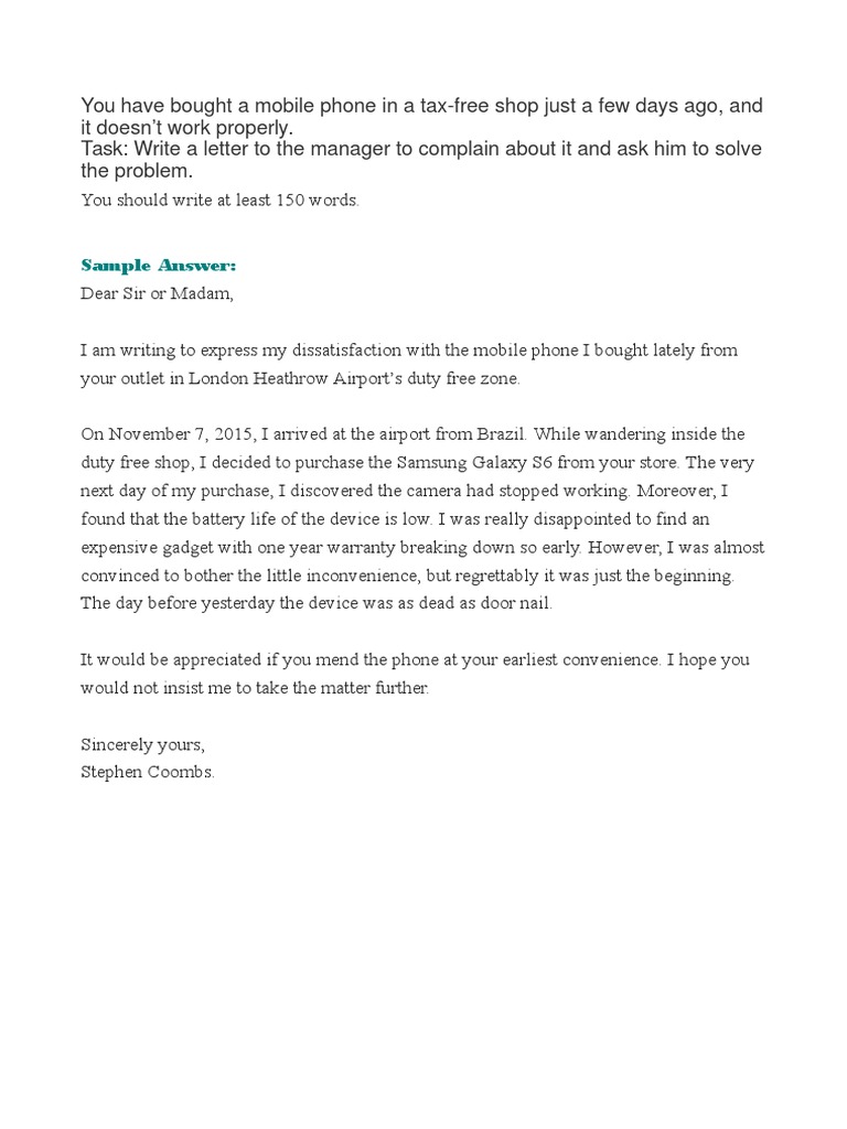 IELTS GT Writing Task 1 Sample Complaint Letter Samsung Electronics 