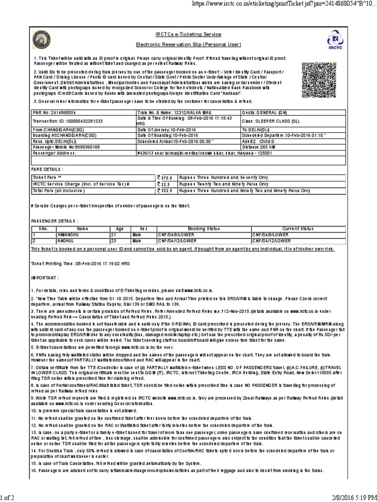 www.irctc.co.in - printTicket.pdf | Identity Document | Ticket (Admission)