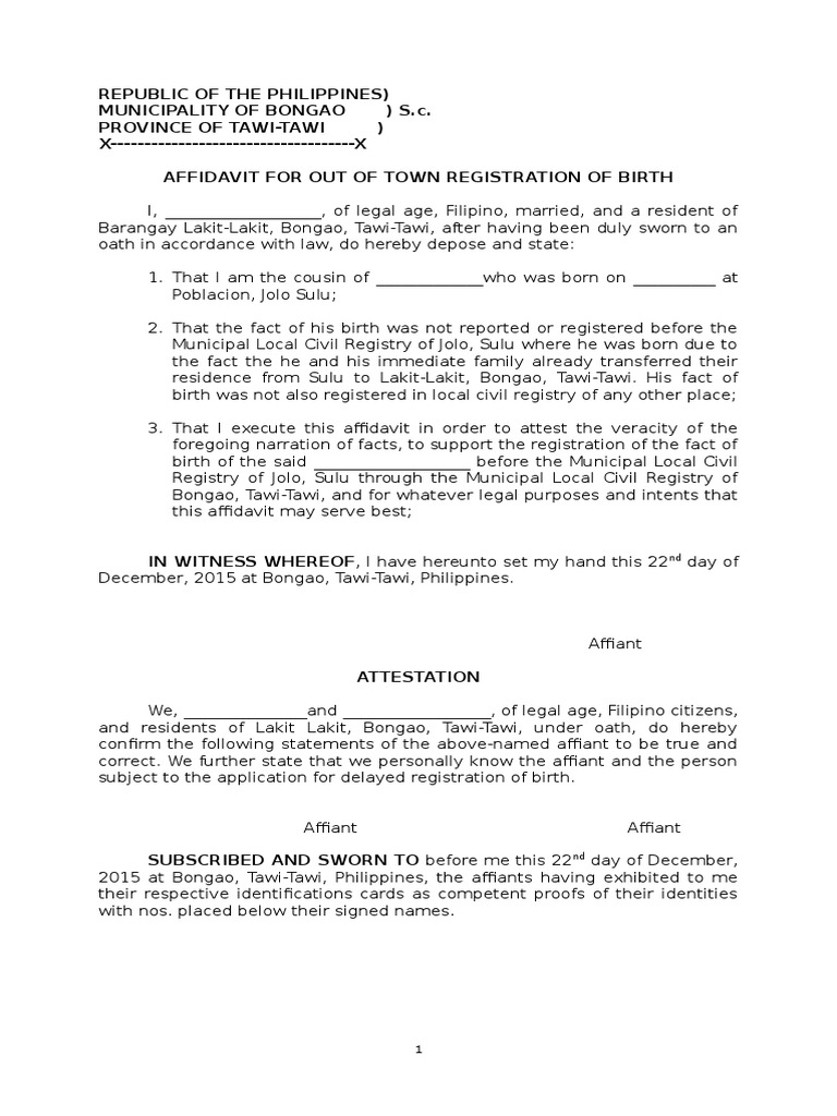 Affidavit For Out of Town Registration of Birth (Sample) | PDF ...