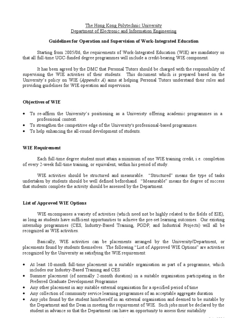 WIE Supervision Guidelines for Tutors | PDF | Students | Employment
