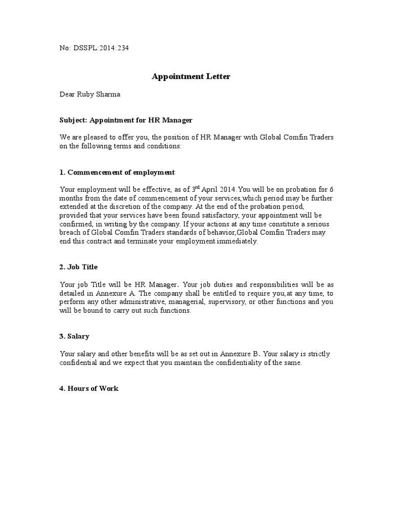 HR Manager Appointment Letter | PDF | Confidentiality | Employment