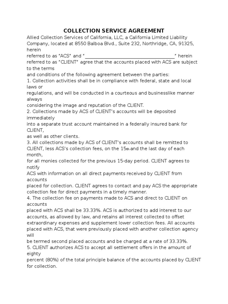 Collection Service Agreement | PDF | Collection Agency | Lawsuit