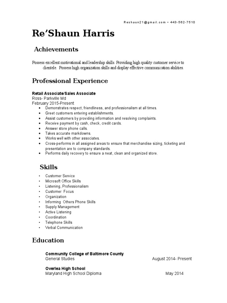 Retail Associate Resume of Re'Shaun Harris | PDF | Career & Growth