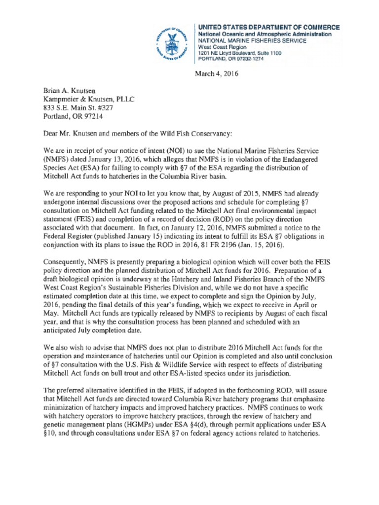 NMFS letter to Wild Fish Conservancy | Rainbow Trout | Aquaculture