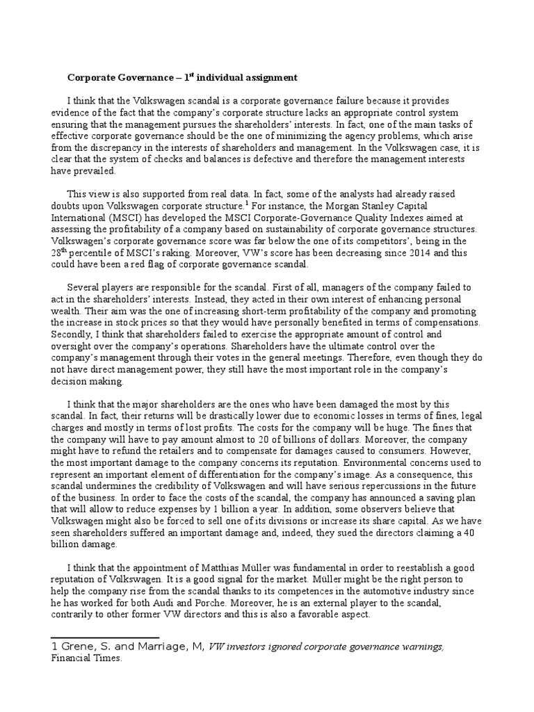 Assignment About VW Scandal | PDF | Corporate Governance | Volkswagen