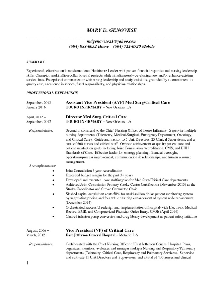 Chief Nursing Officer VP Nursing In New Orleans LA Resume Mary Genovese ...