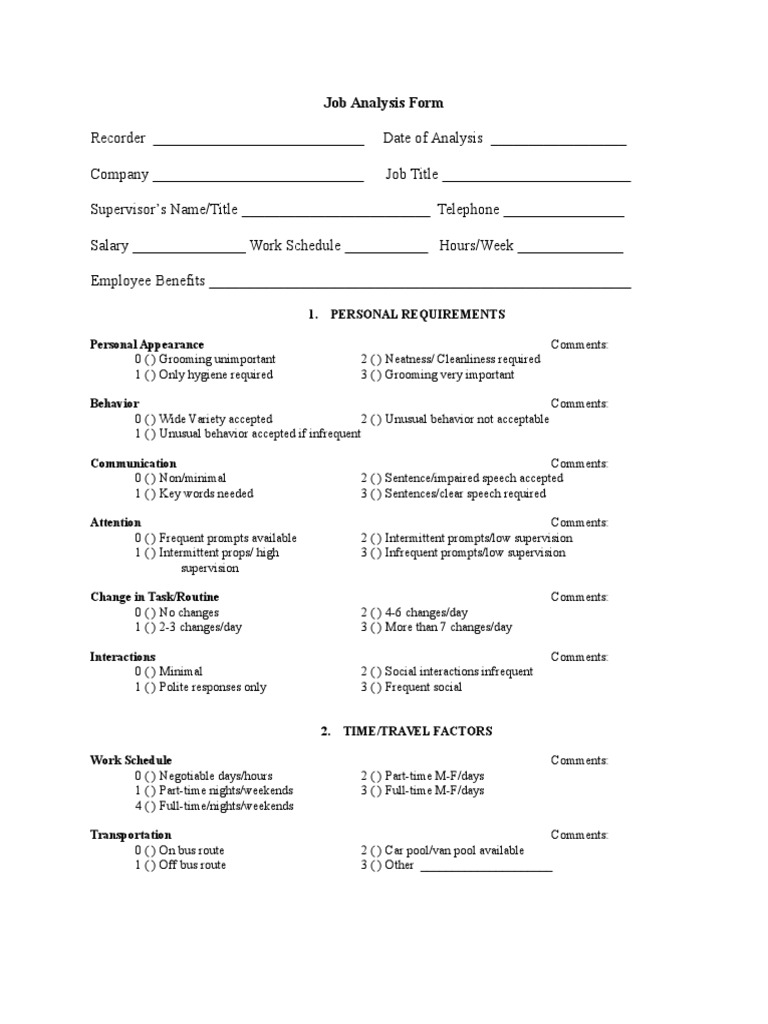 Job Analysis Form: 1. Personal Requirements Personal Appearance ...