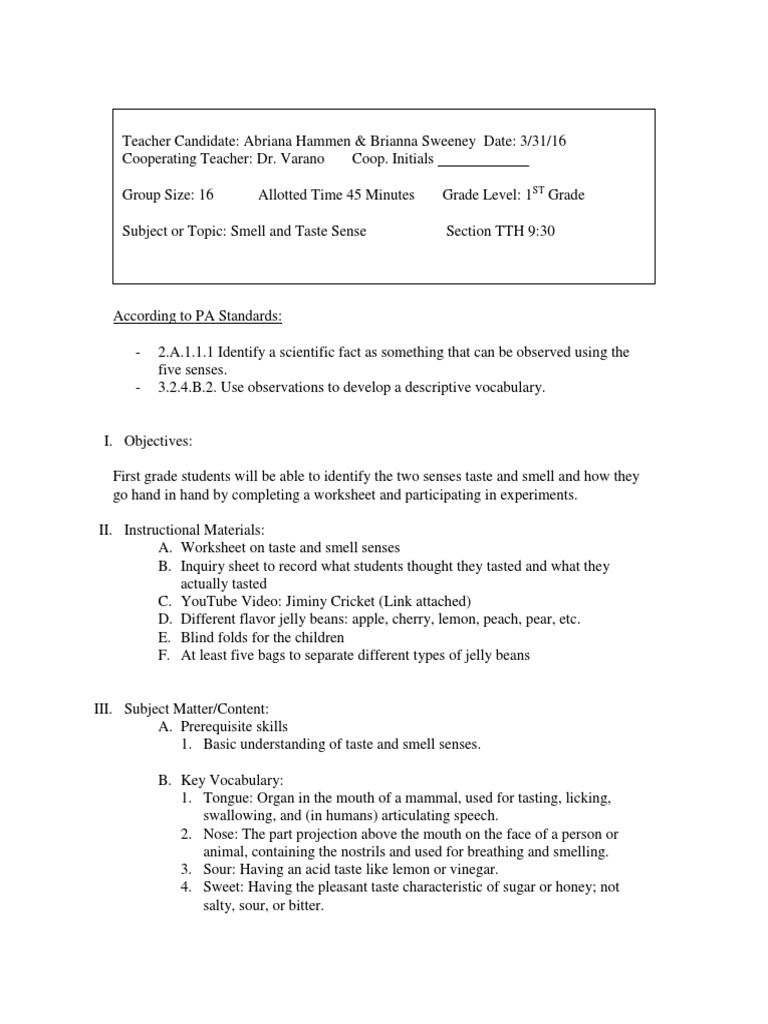 Smell and Taste Lesson Plan | PDF | Taste | Senses