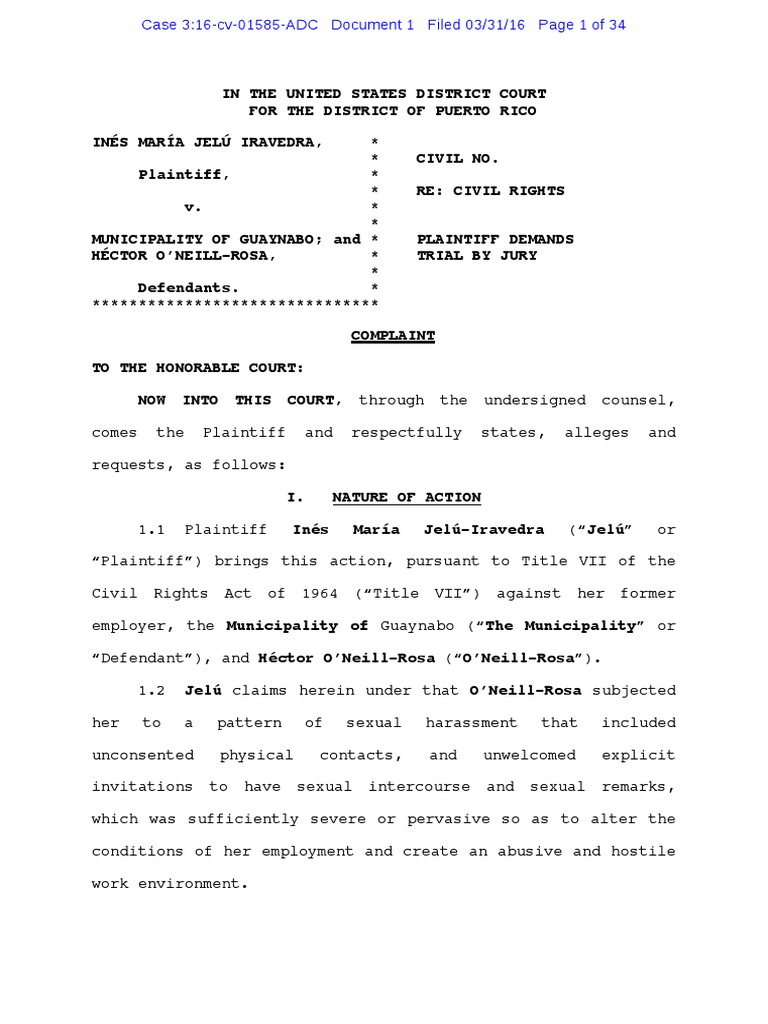 (HOST. SEXUAL) Inés M. Jelú v. Munc. Guaynabo-Demanda Federal | PDF ...