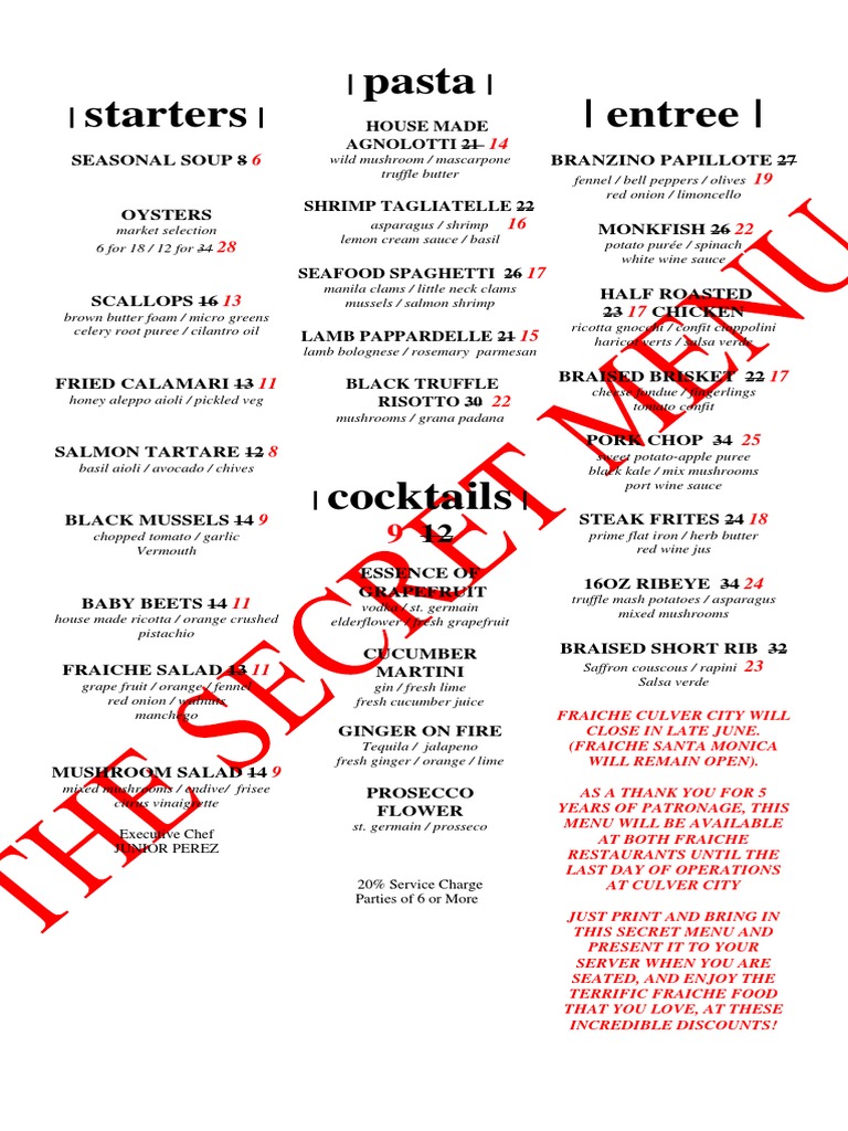 Fraiche Restaurant Secret Menu Discounts | PDF