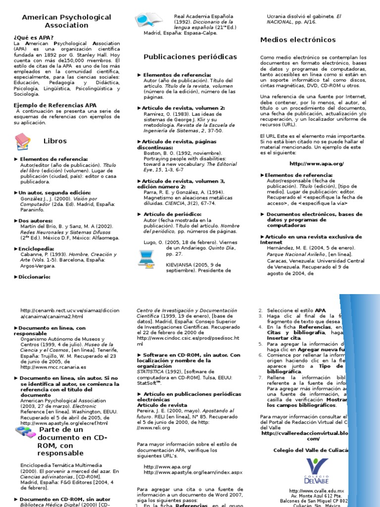 Triptico APA | Asociación Estadounidense de Psicología | Localizador Uniforme de Recursos