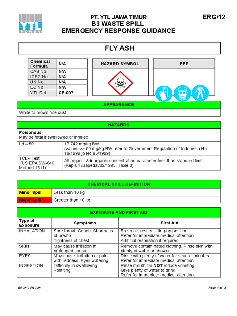 Fly Ash: ERG/12 B3 Waste Spill Emergency Response Guidance | PDF ...