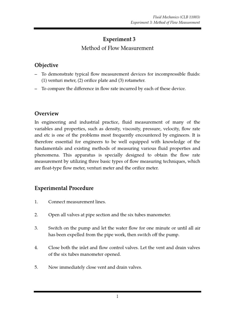 Experiment 3: Method of Flow Measurement | PDF | Flow Measurement ...