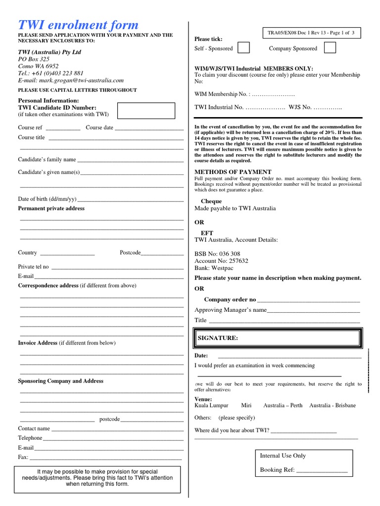 TWI Enrolment Form: PO Box 325 Como WA 6952 Tel.: +61 (0) 403 223 881 ...