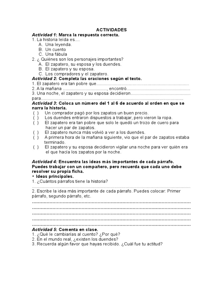 Actividades sobre "El zapatero y los duendes" | PDF